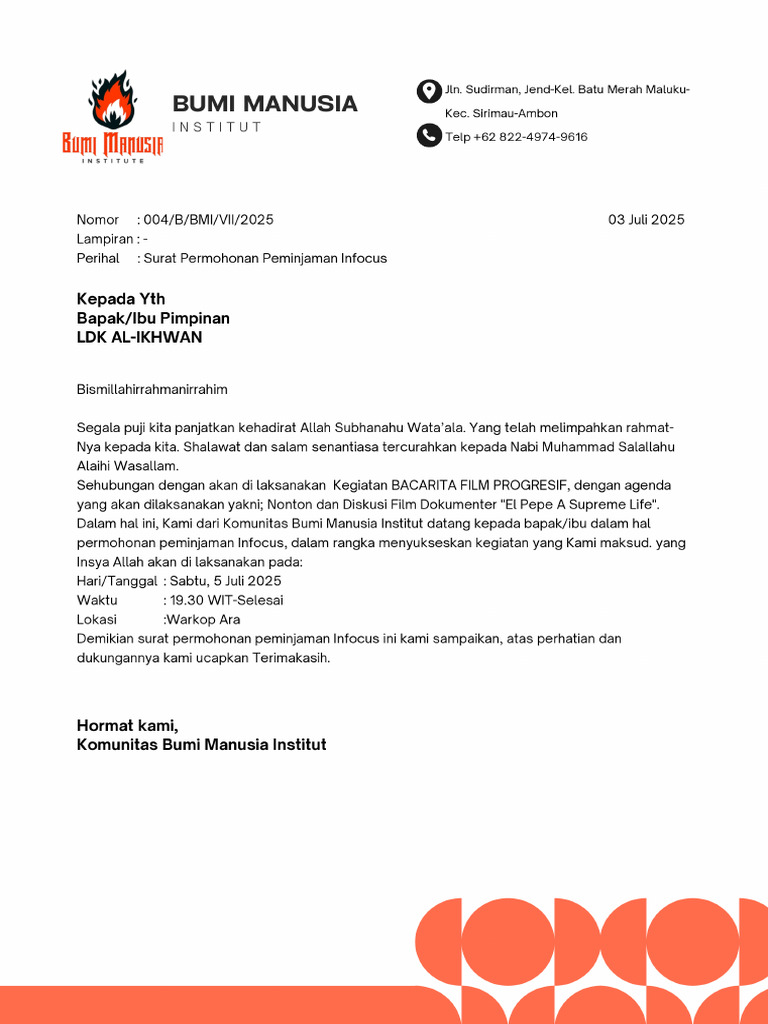 Surat Peminjaman Infocus LDK AL-IKHWAN - Komunitas BMI | PDF