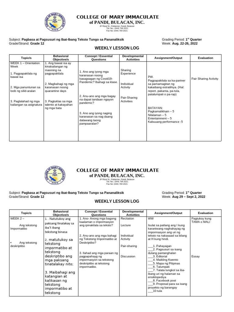 Pagbasa (Week 1&2) | PDF