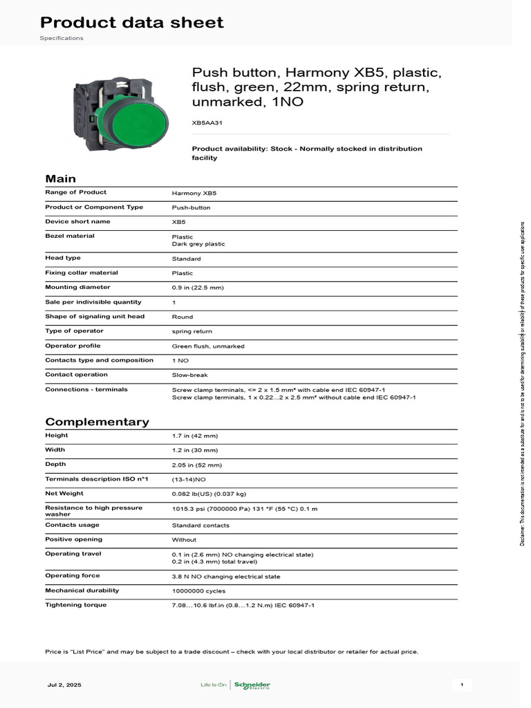 Schneider Electric Harmony XB5 ZB5 Plastic Push Buttons XB5AA31 | PDF ...