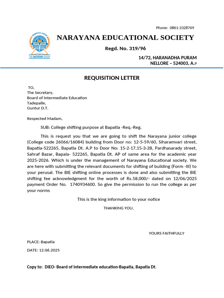 Bapatla Requisition Letter | PDF