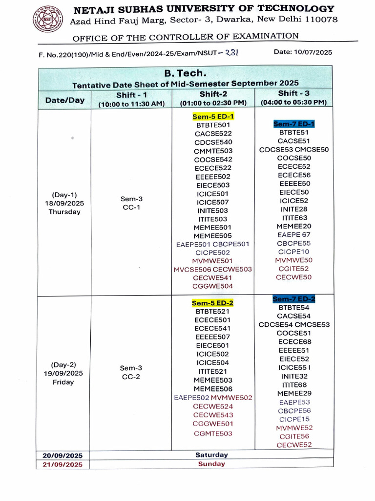 Tentative Mid-Semester Schedule 2025 | PDF