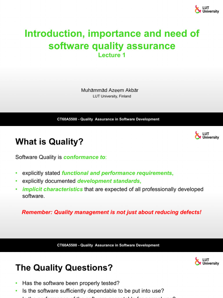 Lecture 1 - Introduction, Importance, and Need of SQA | PDF | Quality Management | Quality Assurance