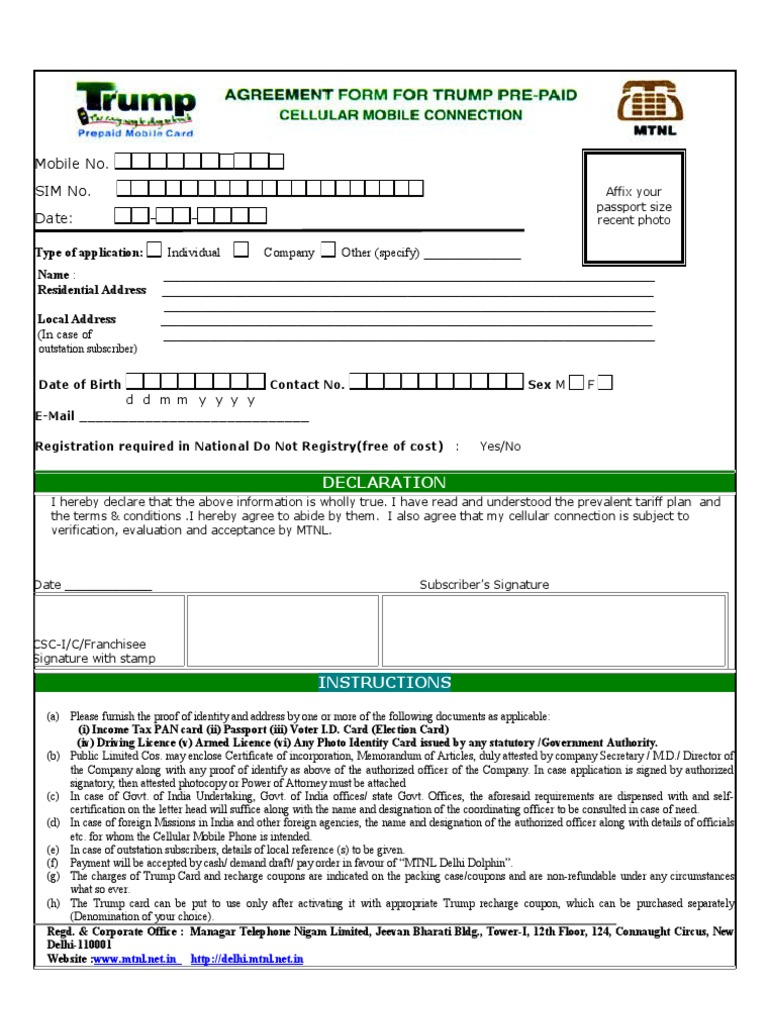 MTNL SIM Card Application Form | PDF | Subscription Business Model ...