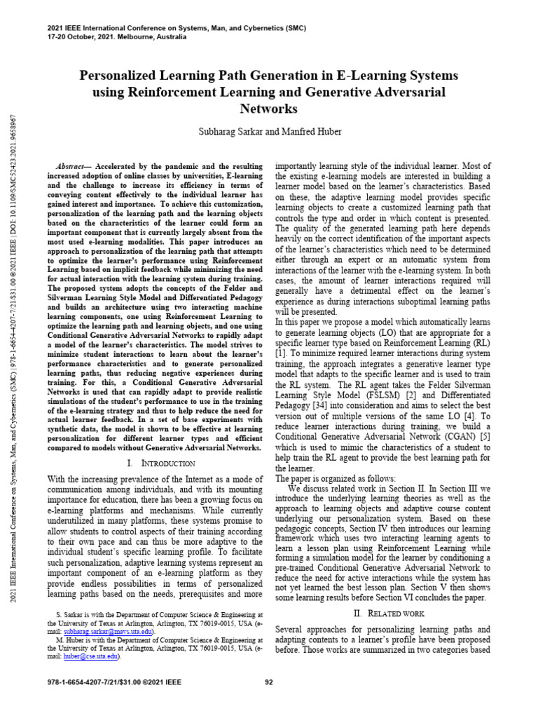 Personalized E-Learning via RL and GANs | PDF | Learning | Learning Styles