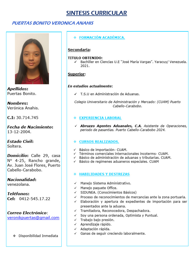 CV Veronica PDF | PDF | aduana
