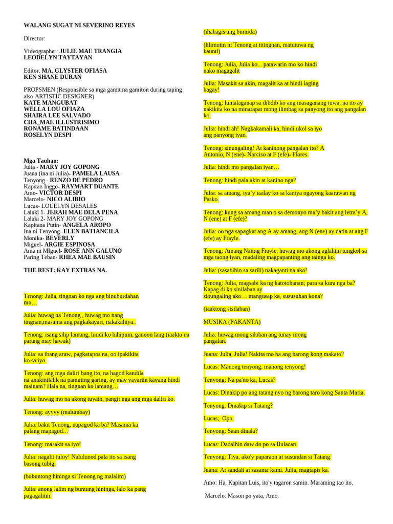 Walang Sugat Ni Severino Reyes - Script | PDF