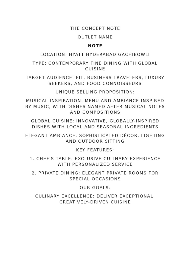 Concept Note For Note Restaurant at Hyatt Hyderabad Gachibowli | PDF ...