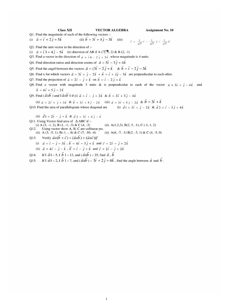 CBSE Worksheets For Class 12 Maths Vector Algebra Assignment | PDF
