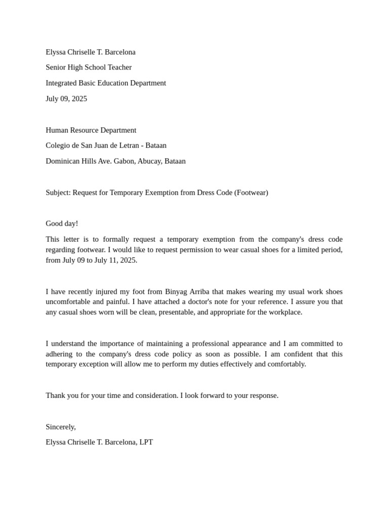 Request For Temporary Exemption From Dress Code - BARCELONA | PDF