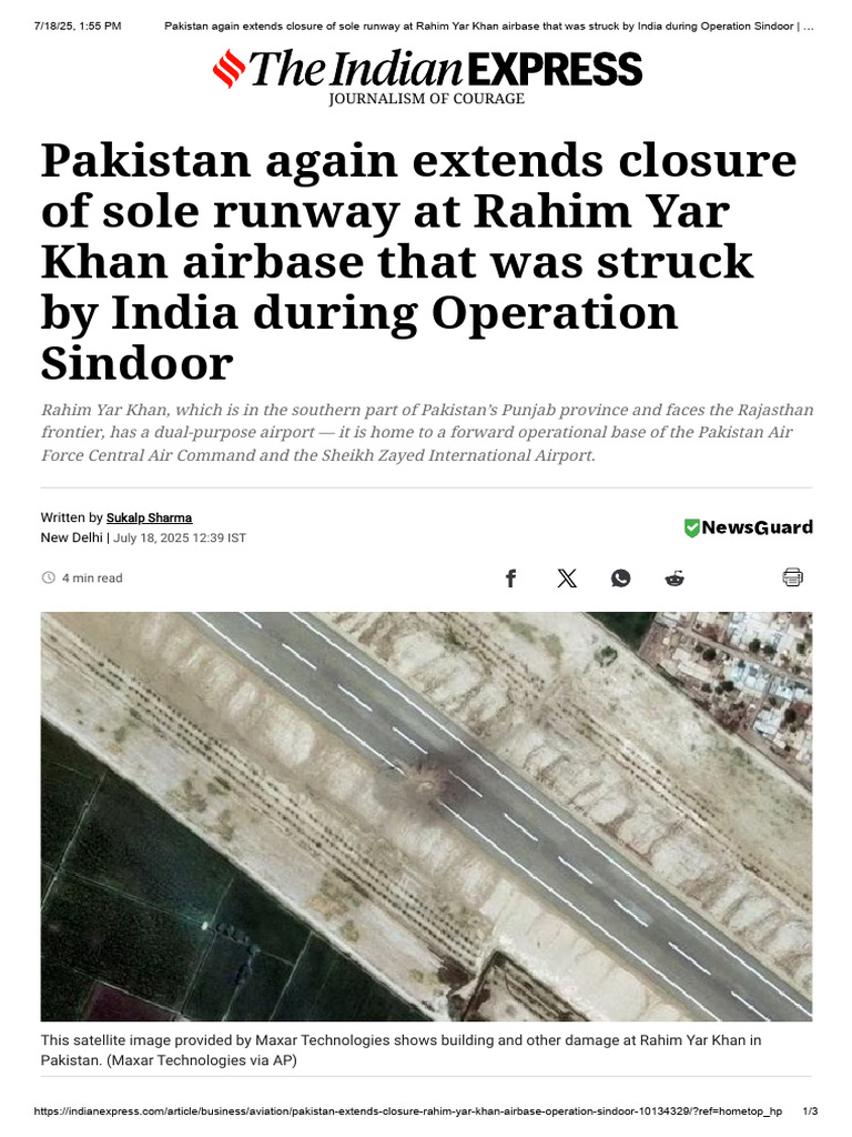 Pakistan Again Extends Closure of Sole Runway at Rahim Yar Khan Airbase That Was Struck by India ...