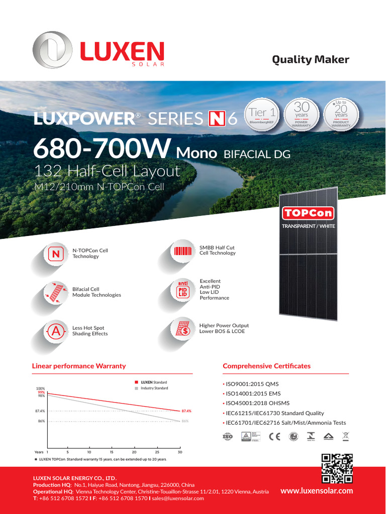 Luxen 700W Bifacial Solar Panel Overview | PDF | Energy Technology ...