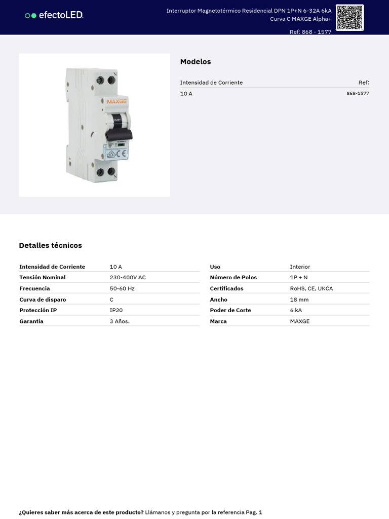 Interruptor Magnetotérmico Residencial DPN 1P+N 6-32A 6ka Curva C MAXGE Alpha+ | PDF | Corriente ...