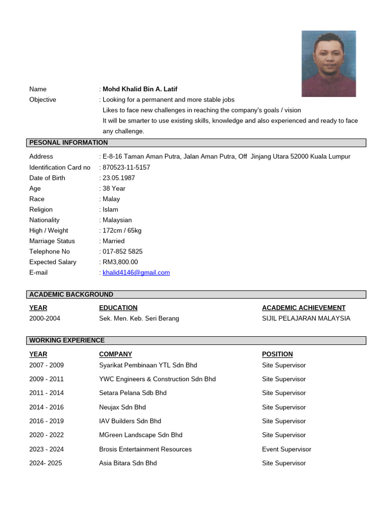 Resume Mohd Khalid Bin A. Latif | PDF | Regulatory Compliance | Occupational Safety And Health
