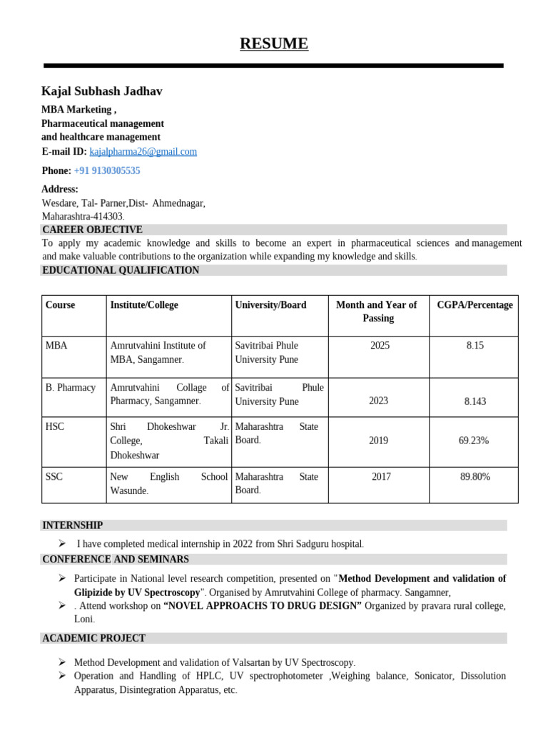 Ms - Kajal Jadhav Resume 3 | PDF | Pharmacy