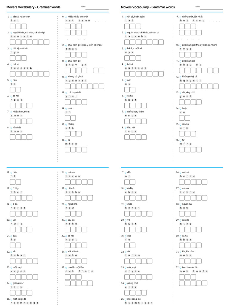 Movers Vocabulary Grammar Words Anagram | PDF