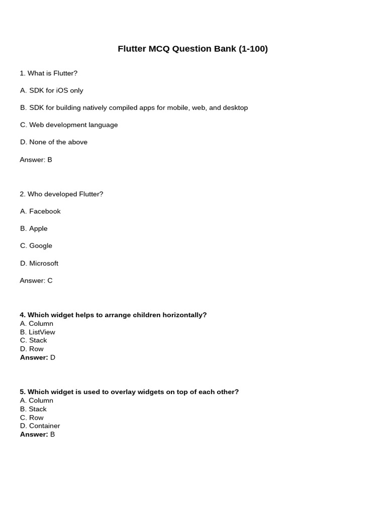 Flutter MCQ Questions 1 To 100 | PDF | Constructor (Object Oriented ...