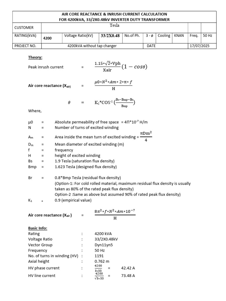 4200kVA Inrush-Manual Calculation | PDF | Transformer | Electrical ...