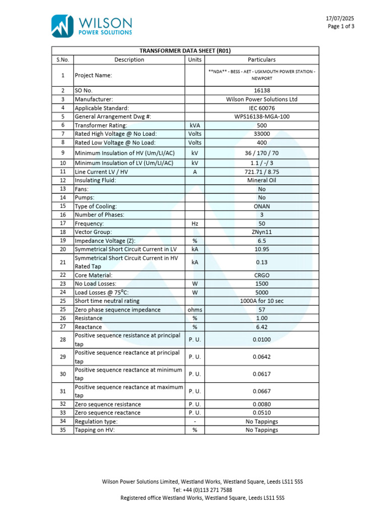 BESS Transformer Data Sheet for USK Power | PDF | Transformer | Power ...