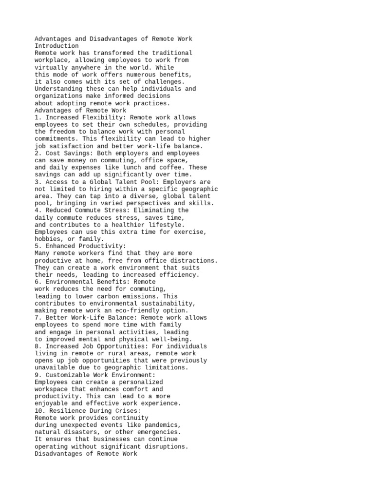 Advantages and Disadvantages of Remote Work - Online Working. | PDF ...