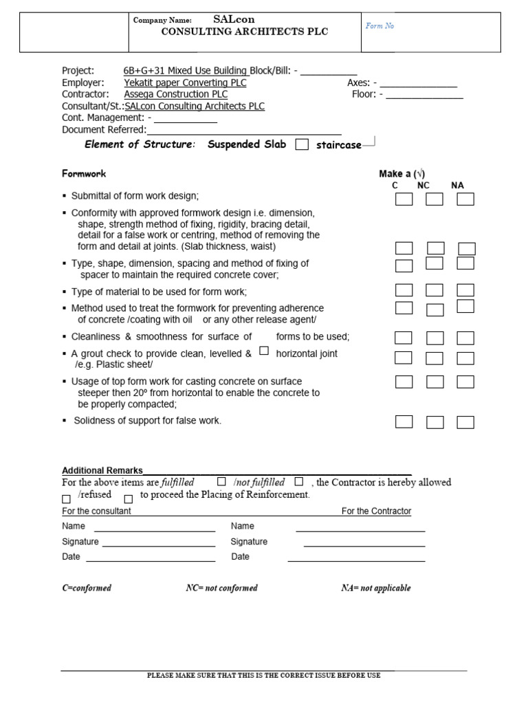 Formwork Cheak List For Slab | PDF