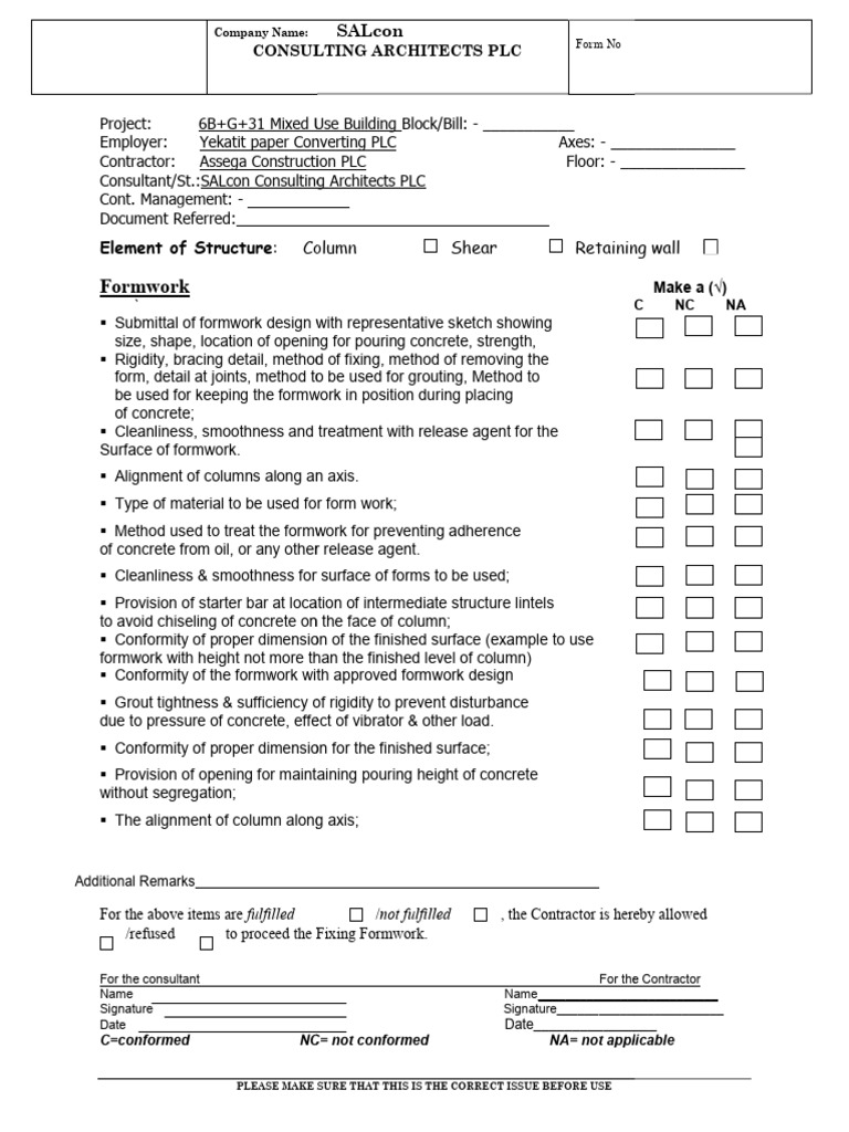 Formwork Cheak List For Vertical Structures | PDF | Concrete ...
