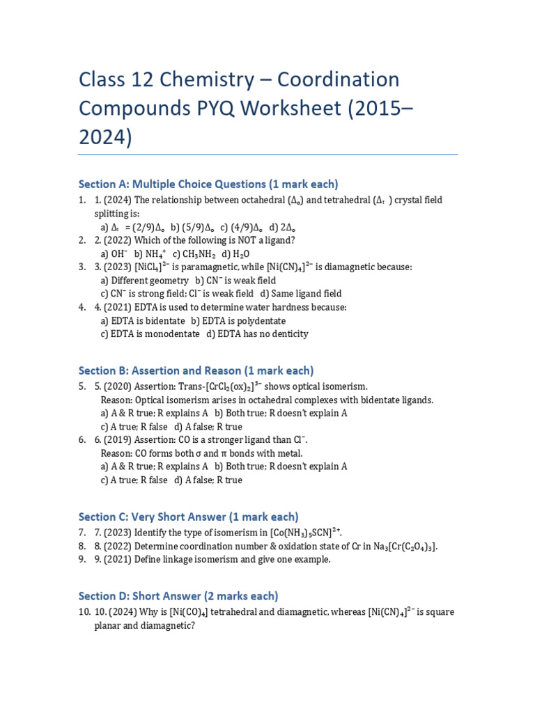 Coordination Compounds PYQ Worksheet Class12 | PDF | Ligand | Coordination Complex