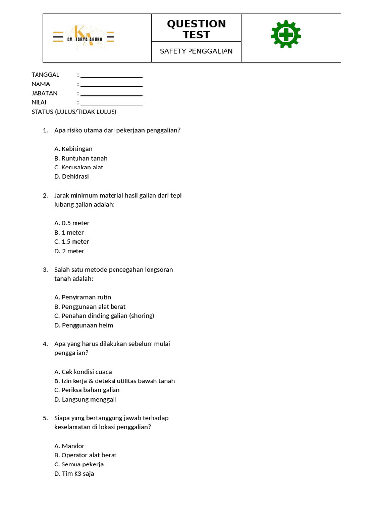 Contoh Soal Safety Induction Penggalian | PDF