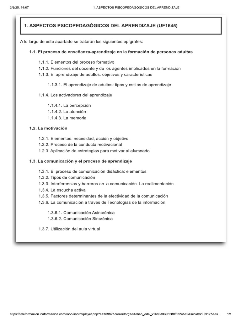 Tema 1 - Aspectos Psicopedagógicos Del Aprendizaje (Uf1645) | PDF