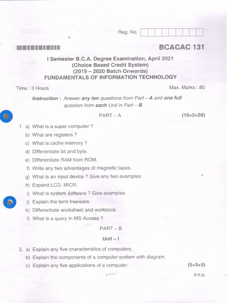 BCA I Semester Fundamentals of Information Technology April 2021 | PDF