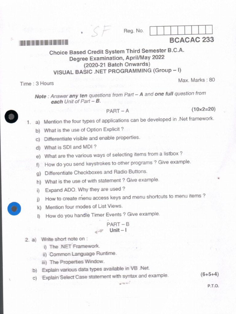 BCA III Semester Visual Basic .Net Programming April 2022 | PDF