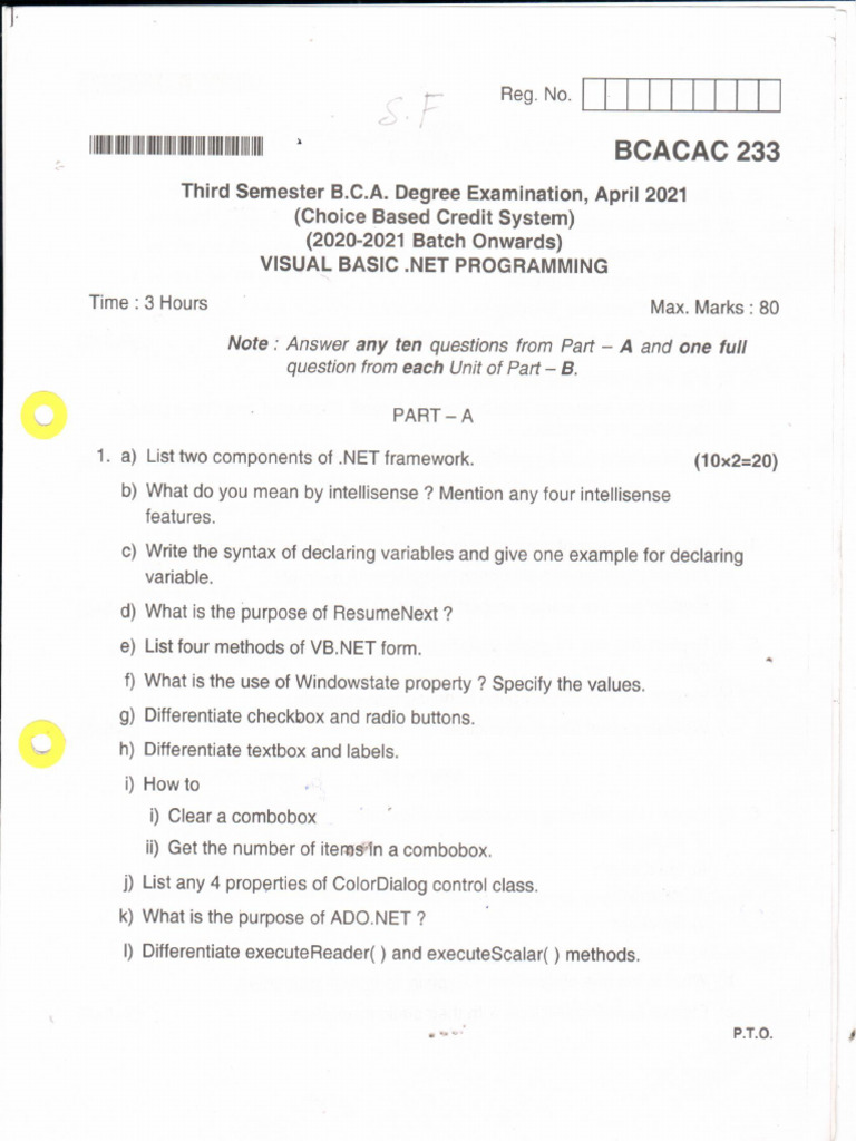 BCA III Semester Visual Basic .Net Programming April 2021 | PDF
