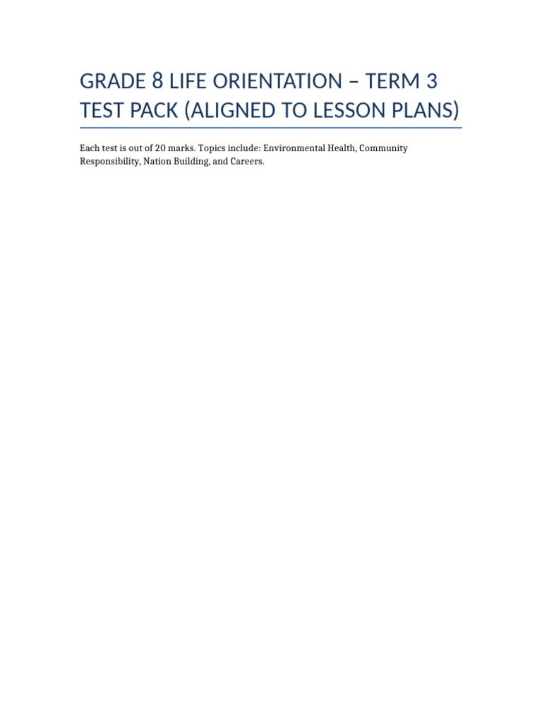 Grade 8 Life Orientation Term 3 Tests | PDF | Environmental Health ...