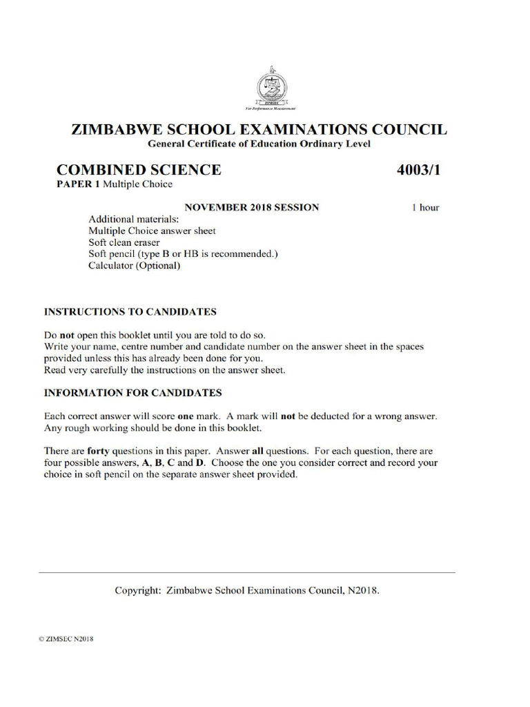 Combined Science Past Exam Paper 1 With Answers For Zimsec O Level ...