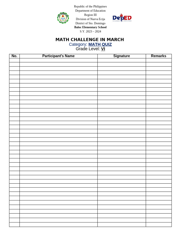 Registration Form - Math Challenge | PDF