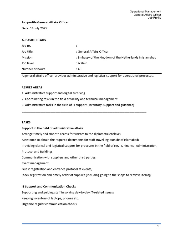 General Affairs Officer Job Profile | PDF | Diplomatic Mission