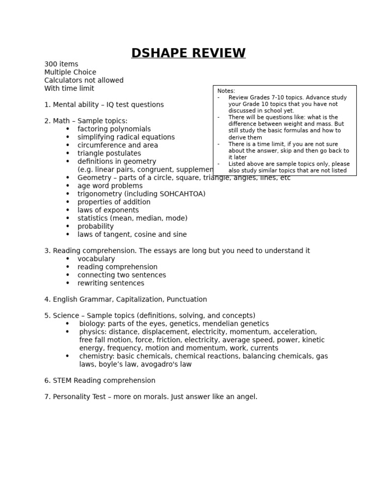 DShape Exam Review Guide | PDF