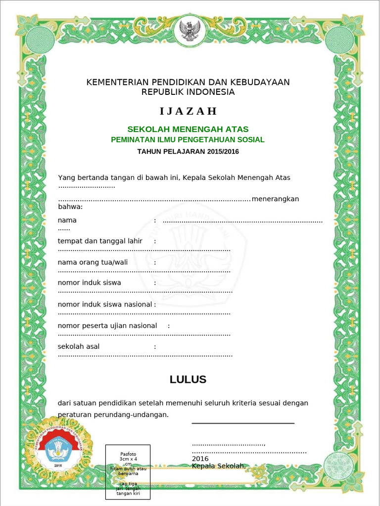 Template Ijazah SMA IPS 2015/2016 | PDF