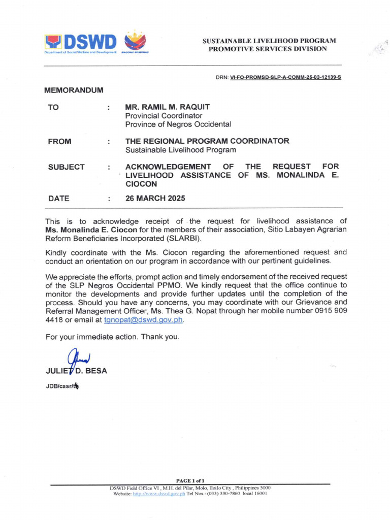 Acknowledgement of The Request For Livelihood Assistance of Monalinda e Ciocon | PDF