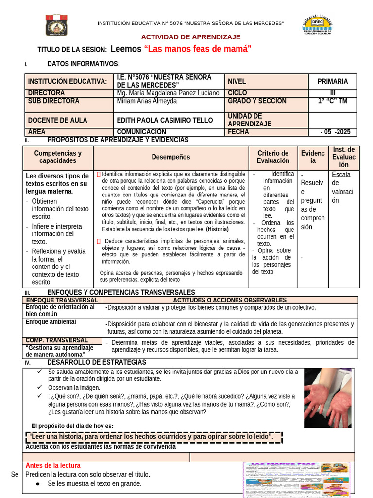 Sesión de Plan Lector Manos Feas de Mama | PDF | Aprendizaje