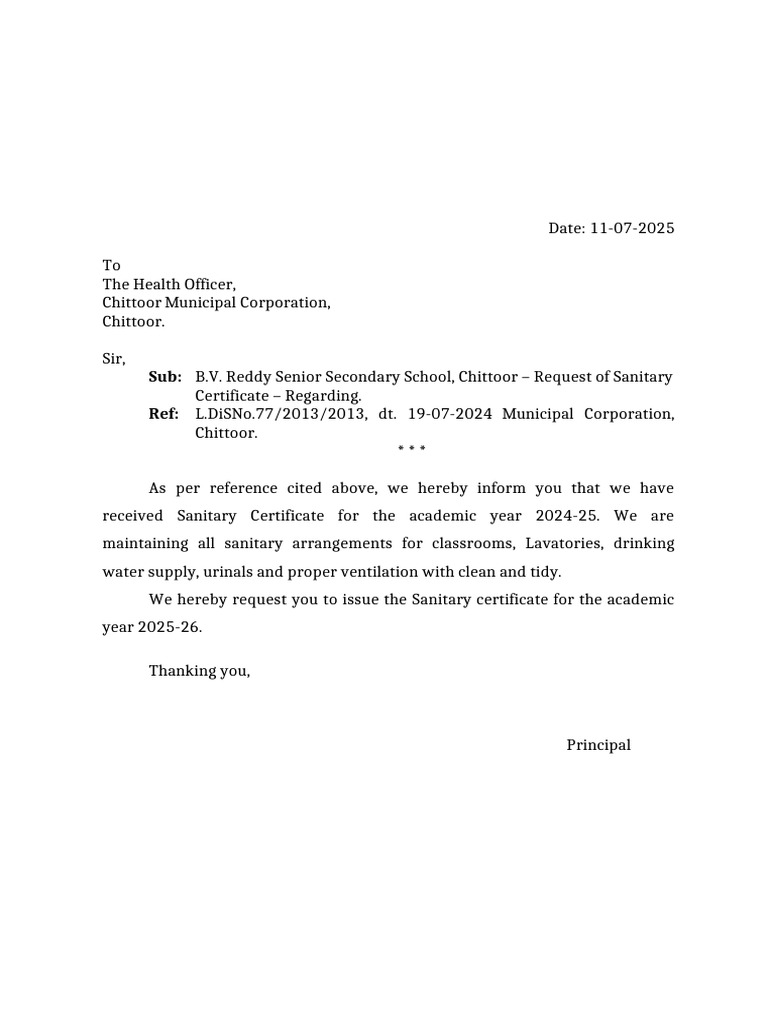 Letter-Request Sanitary Certificate - 2025-26 | PDF