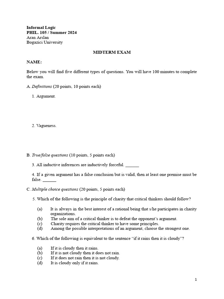 Midterm Sample For The Exam | PDF | Argument | Logic