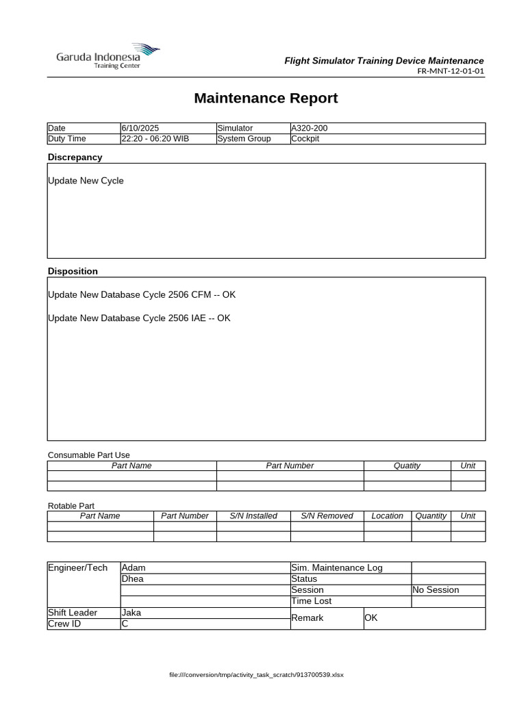 A320-200 Simulator Maintenance Report | PDF
