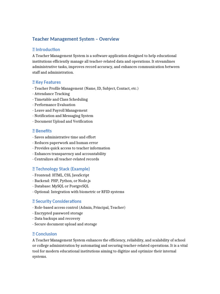 Teacher Management System Overview | PDF
