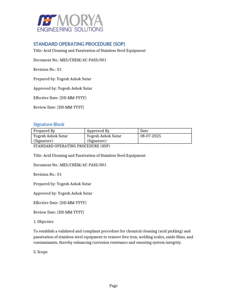 Stainless Steel Acid Cleaning SOP | PDF | Stainless Steel | Physical ...