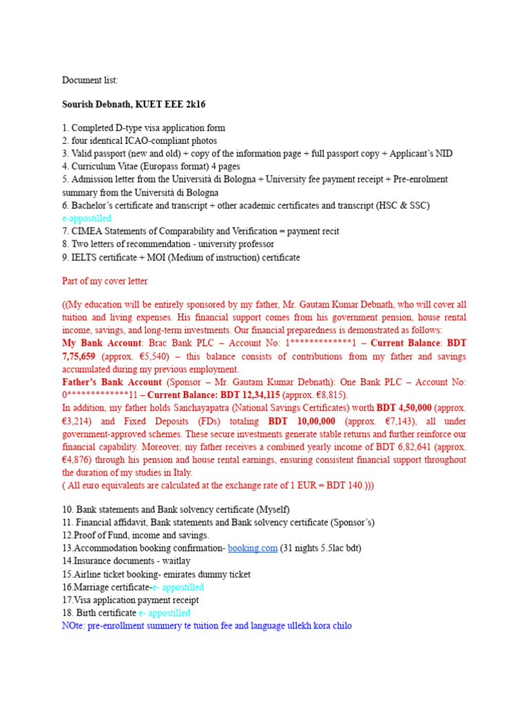 Italy Visa Document List | PDF | Banks