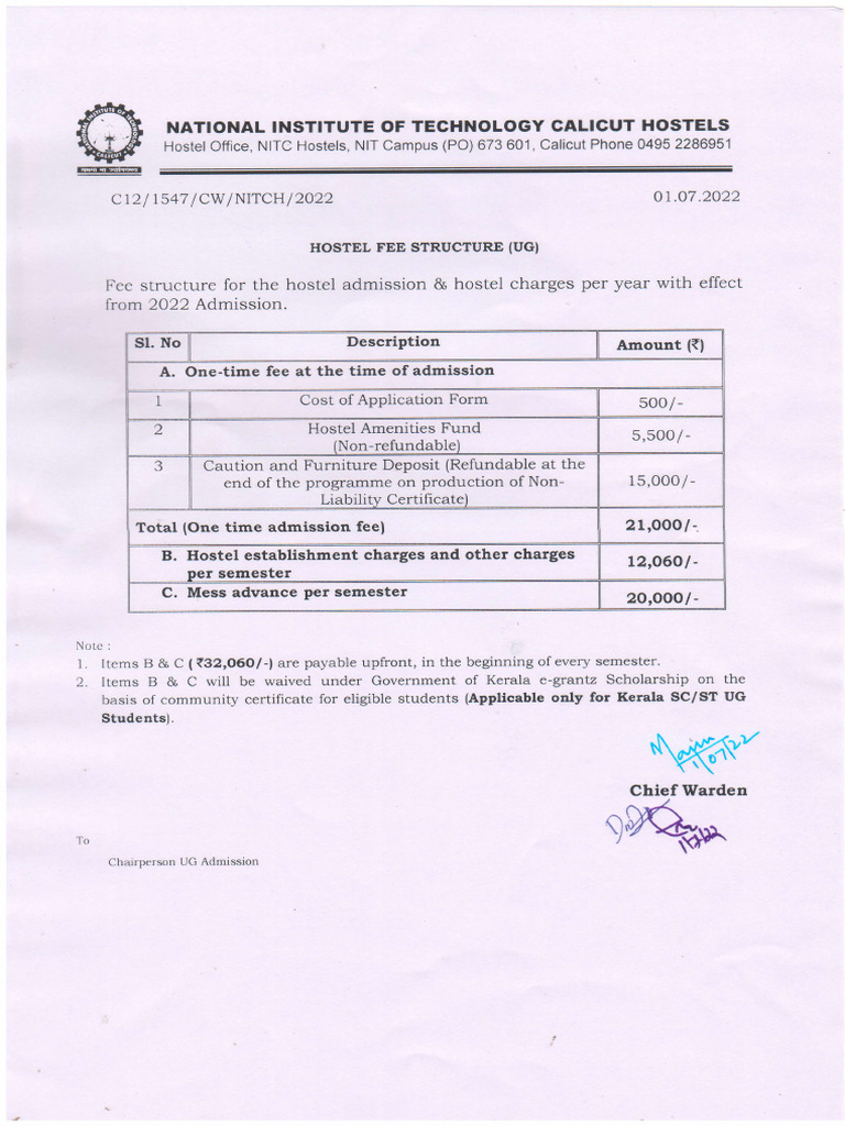 Hostel Fee Structure For Btechbarch Admissions 2022 2023 - 0 | PDF | Payments | Services (Economics)