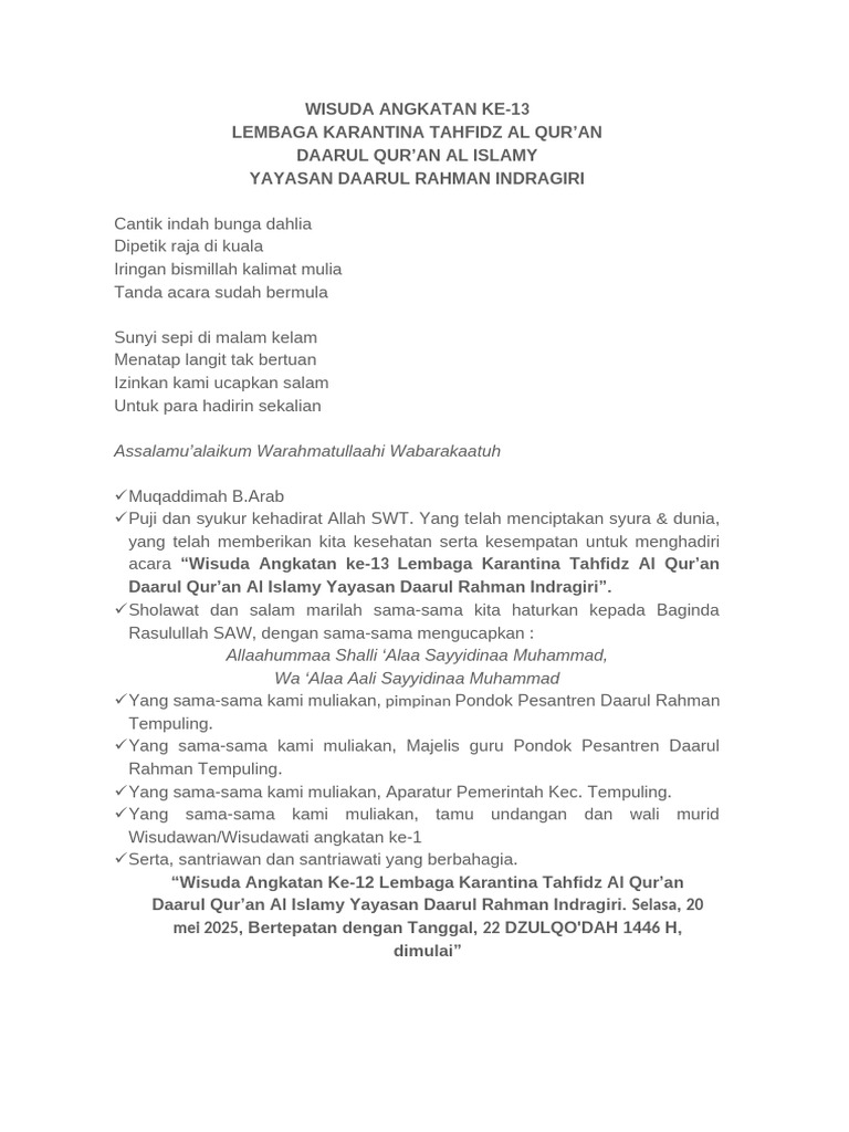 Teks MC Wisuda Tahfidz 2025 | PDF