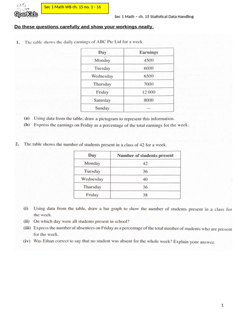 Sec. 1 Math - Ch. 15 Statistical Data WB | PDF