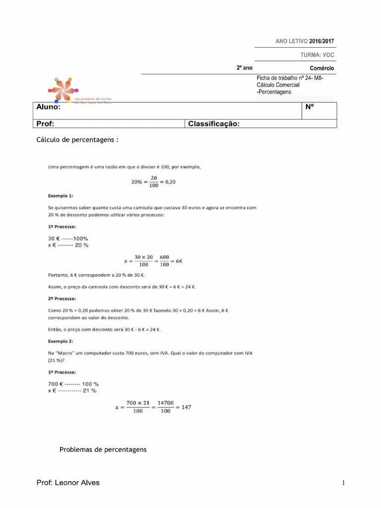 Cálculo de Percentagens | PDF