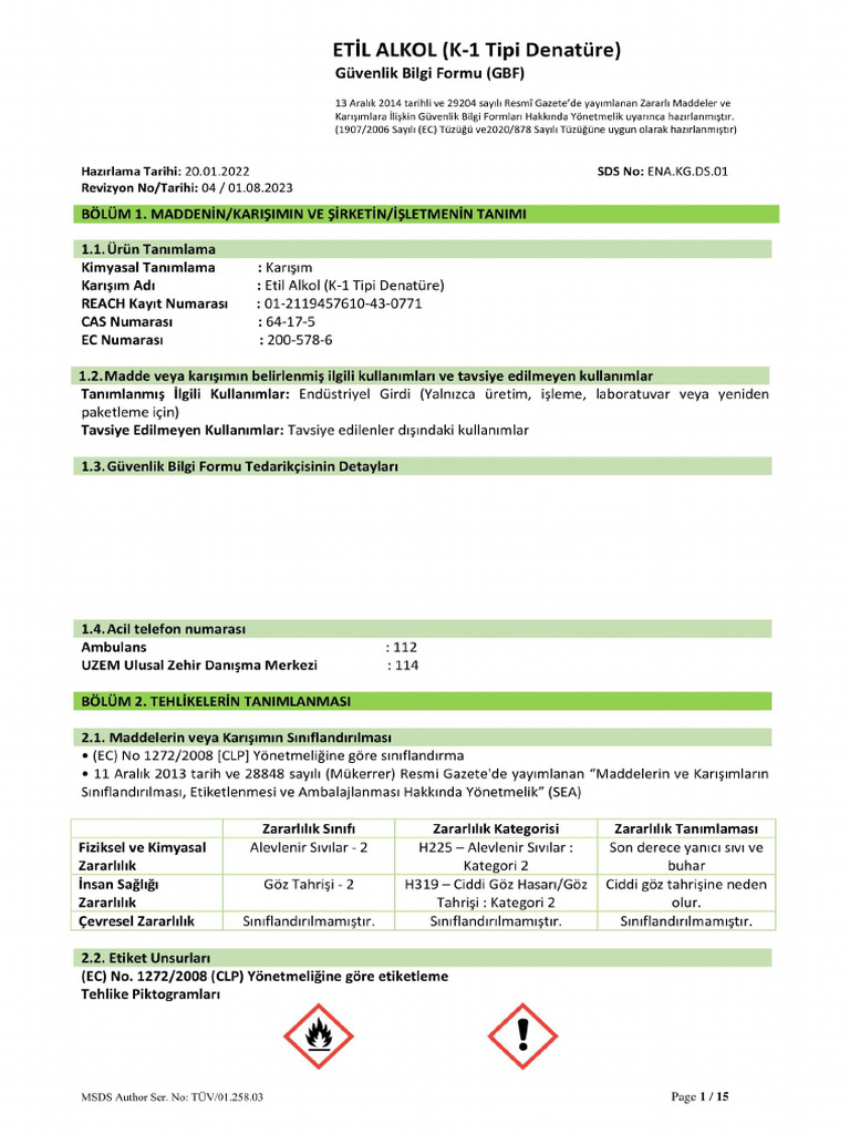 Ena 96 k1 Denatüre Msds TR | PDF